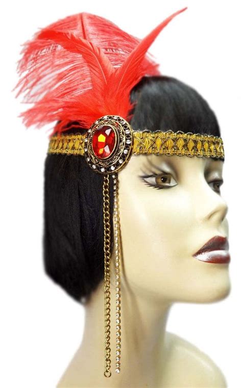 Ruby Jewel Red Gold Roaring 20s Flapper Gatsby Feathered Etsy 20s Flapper Flapper Feather