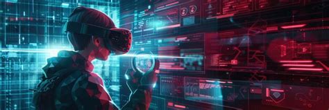 A Hacker Wearing A Vr Headset Navigates A Virtual Space Filled With