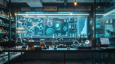 A Futuristic Laboratory With Beakers And Scientific Equipment Featuring A Large Interactive