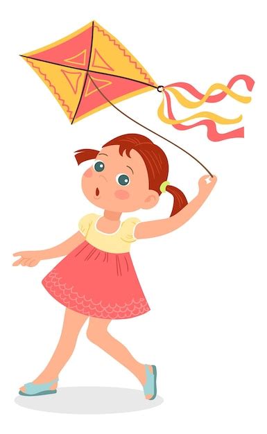 Premium Vector Girl Playing With Kite Sky Flying Toy Game