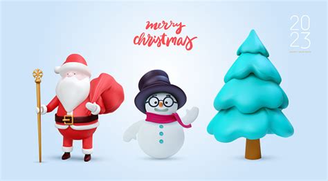 산타 클로스 메리 크리스마스와 새해 재미있는 벡터 만화 산타 나무와 눈사람 빨간 선물 가방 연한 파란색 배경에 고립 된 사실적인 3d 벡터 일러스트레이션 3차원 형태에 대한