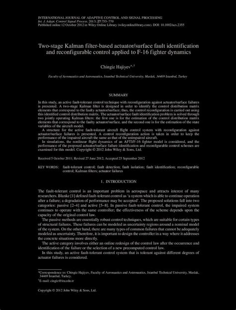 Pdf Two Stage Kalman Filter Based Actuator Surface Fault