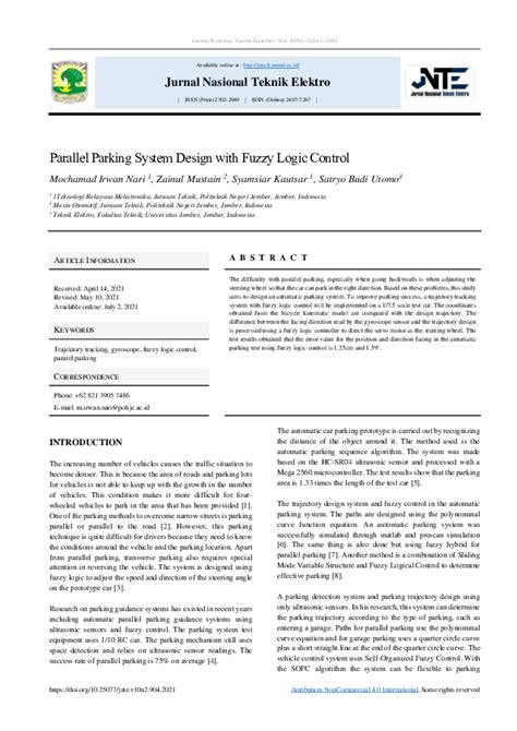 Pdf Parallel Parking System Design With Fuzzy Logic Control Mochamad Irwan Nari