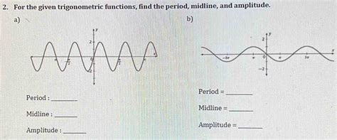 2 for the given trigonometric functions find the period midline and