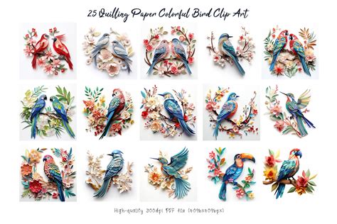 25 Quilling Birds Colorful Clip Art Digital Downloads Floral Paper Art Paper Craft Decor