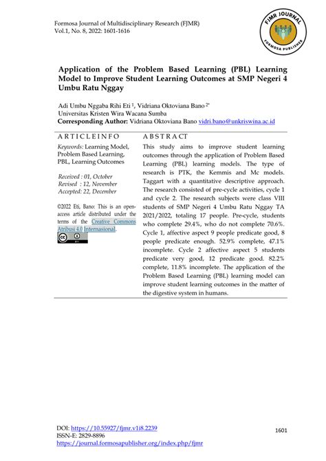 pdf application of the problem based learning pbl learning model to