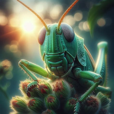 Green Grasshopper Macro Insect Photography Premium Ai Generated Image