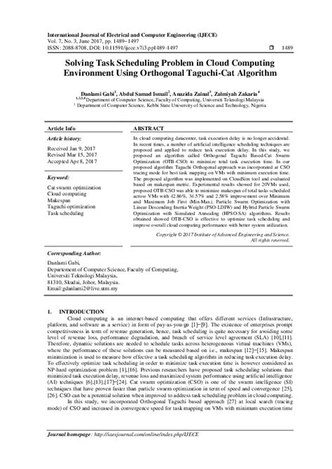 Pdf Solving Task Scheduling Problem In Cloud Computing Environment Using Orthogonal Taguchi