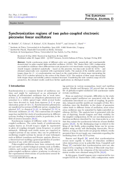 Pdf Synchronization Regions Of Two Pulse Coupled Electronic Piecewise