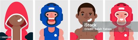 권투 남자의 평면 초상화 세트입니다 컬러 만화 캐릭터 스포츠 선수 남자 프로필 사진 벡터 일러스트 레이 션의 컬렉션 감정에 대한