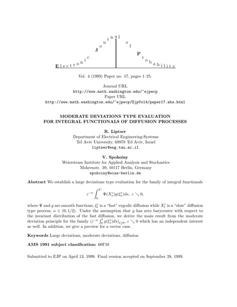 Pdf Moderate Deviations Type Evaluation For Integral Functionals Of Diffusion Processes