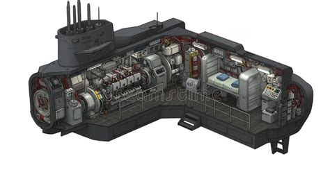 Detailed Isometric View Of Submarine Interior Featuring Engine Room And