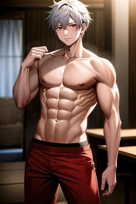 An Anime Man Posing For The Camera With His Shirt Off And No Shirt On Wearing Red Pants