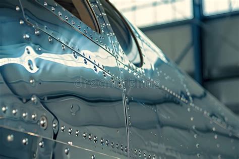 Close Up View Of Rivets On Polished Metal Airplane Surface Reflecting Light And Showing