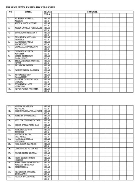 Presensi Siswa Ekstra Hw Kelas8a Pdf