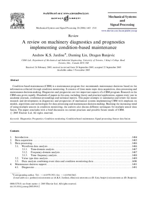 Pdf A Review On Machinery Diagnostics And Prognostics Implementing Condition Based Maintenance