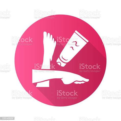 풋 크림 플랫 디자인 긴 그림자 문 고 아이콘입니다 스킨 케어 제품 벡터 실루엣 그림입니다 여성 위생 바디 케어 선탠 및 일광화상 방지 여자 다리와 보습 로션 튜브 개념에