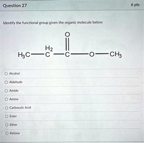 SOLVED: Identify the functional group given the organic molecule below: H3C-CH2-OH Alcohol ...