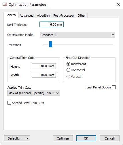 Opticut Optimization Parameters Wood Designer