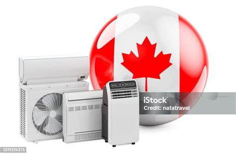냉각 및 기후 전기 장치가있는 캐나다 국기 캐나다의 에어컨 제조 거래 및 서비스 흰색 배경에서 격리된 3d 렌더링 공기조화에 대한 스톡 사진 및 기타 이미지 Istock