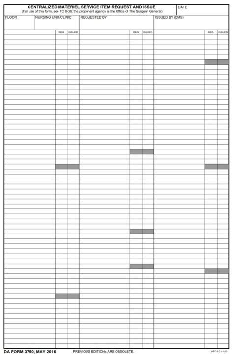 DA FORM 3750 Centralized Materiel Service Item Request And Issue