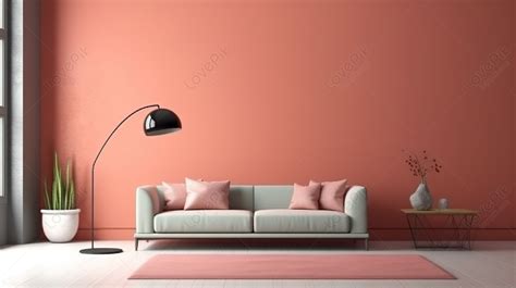 부드러운 소파 램프와 살아있는 산호색 액센트 벽을 갖춘 미니멀한 힙스터 인테리어 흰색 3d 렌더링 배경 테리 배경 미니멀 배경 소파 램프 배경 이미지 Hd 테리