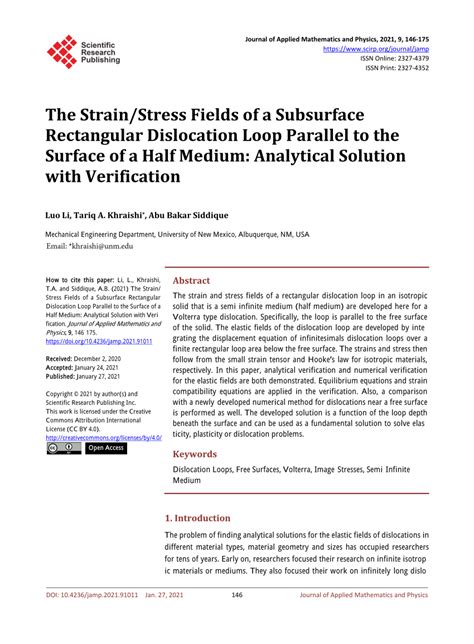 Pdf The Strainstress Fields Of A Subsurface Rectangular Dislocation Loop Parallel To The