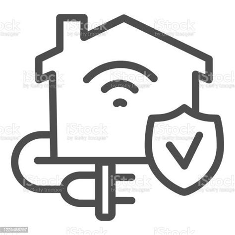 전원 플러그 와이파이 및 보안 쉴드 라인 아이콘 스마트 홈 기호 흰색 배경에 에너지 안전 벡터 기호 건물 및 보호 엠블럼 아이콘