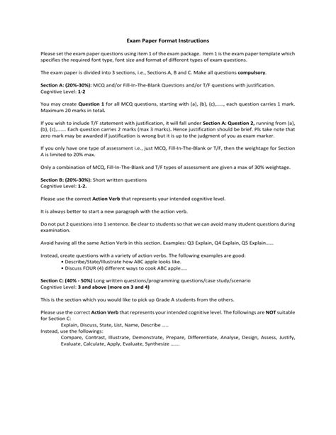 Exam Paper Format Instructions