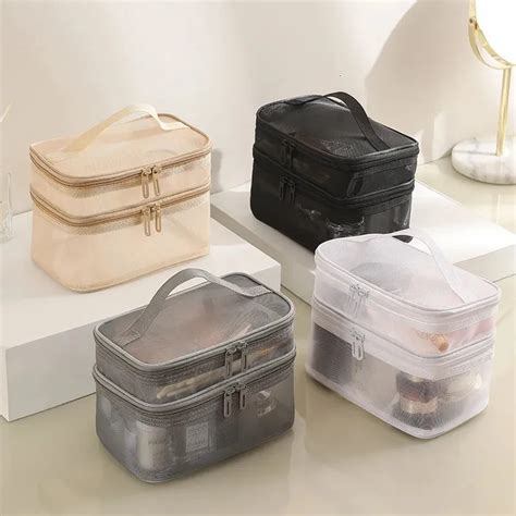 Large Capacity Travel Makeup Bag Double Layer Mesh Organizer