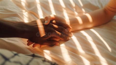 Interracial Couple Holding Hands In Bed Scene Of Newlyweds On