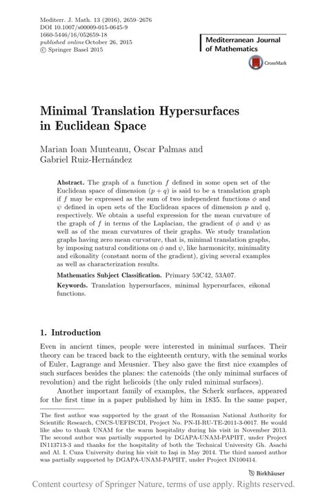 Minimal Translation Hypersurfaces In Euclidean Space Request Pdf