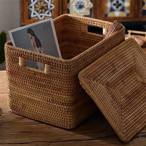 Oversized Rectangular Storage Basket With Lid Woven Rattan Storage Ba Woven Baskets Storage
