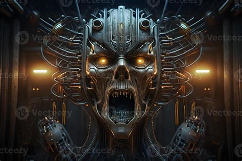 Dark Robotic Skeleton Science Fiction Screaming Robot Skull Connected To A Computer Core Neural