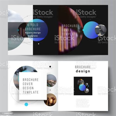 사각형 디자인 Bifold 브로셔 잡지 전단지에 대한 두 개의 커버 템플릿의 벡터 레이아웃 심플한 디자인의 미래지향적인 컨셉 행성과 별을 형성하는 원과 둥근 모양의 창조적