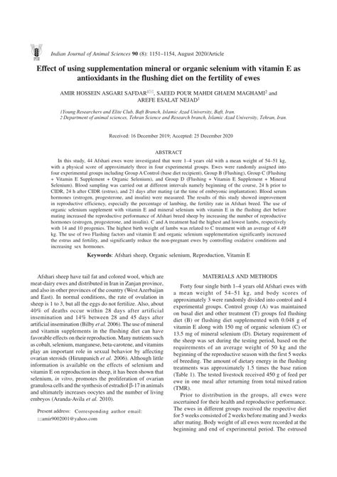 Pdf Effect Of Using Supplementation Mineral Or Organic Selenium With Vitamin E As Antioxidants