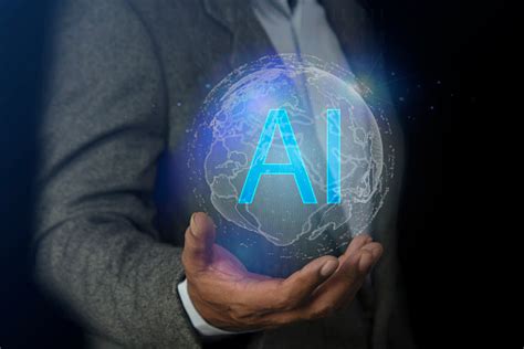 가상 화면에 Ai 인공 지능으로 세계를 들고 있는 사업가의 손 빅 데이터 분석 기계 학습 비즈니스 및 산업 제조의 자동화 기술 가리키기에 대한 스톡 사진 및 기타 이미지