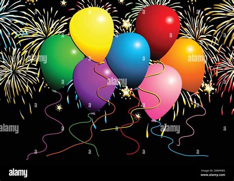 Set Of Flying Balloons And Fireworks Over Black Background Stock Vector