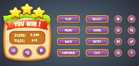 보라색 게임 Ui 키트 만화 게임 인터페이스 버튼과 편집 가능한 텍스트 효과 아이콘 팝업 프리미엄 벡터