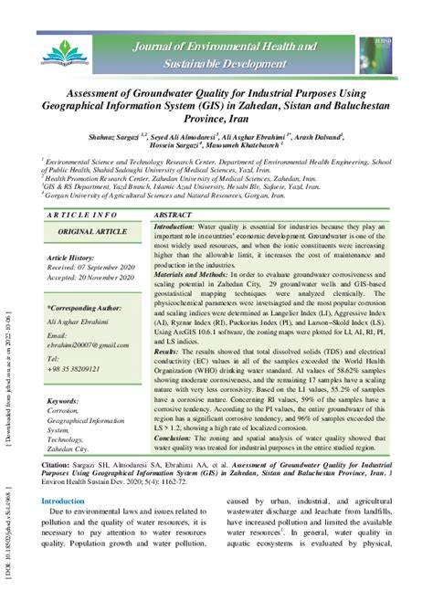 pdf assessment of groundwater quality for industrial purposes using