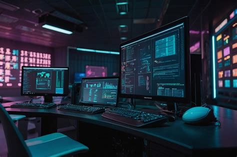 computer lab with coding screens premium ai generated image