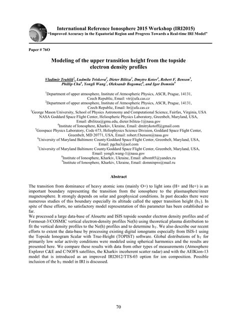 Pdf Modeling Of The Upper Transition Height From The Topside Electron