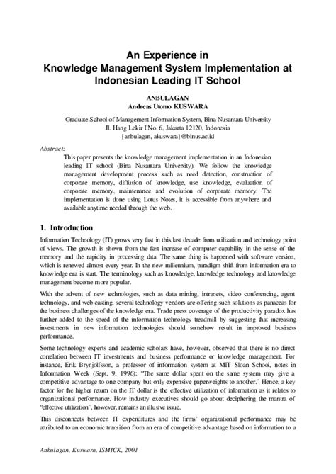 pdf an experience in knowledge management system implementation at