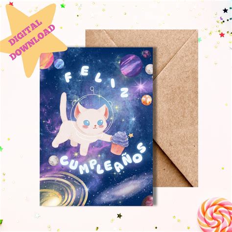 Gato En El Espacio Tarjeta De Feliz Cumpleanos Spanish Birthday Card