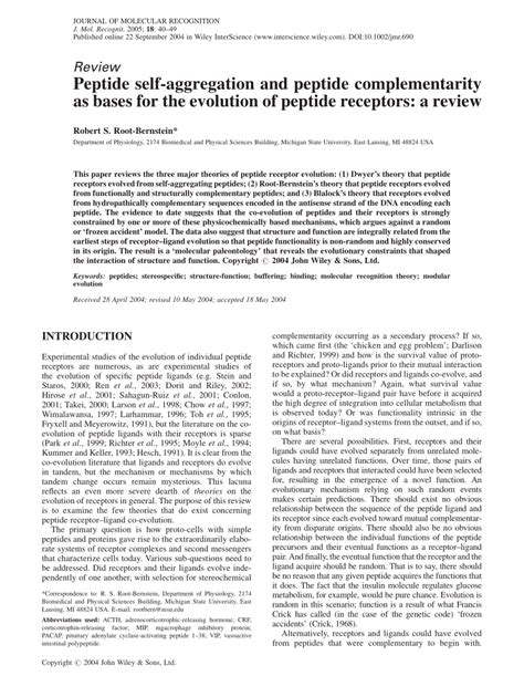 Pdf Peptide Self Aggregation And Peptide Complementarity As Bases For