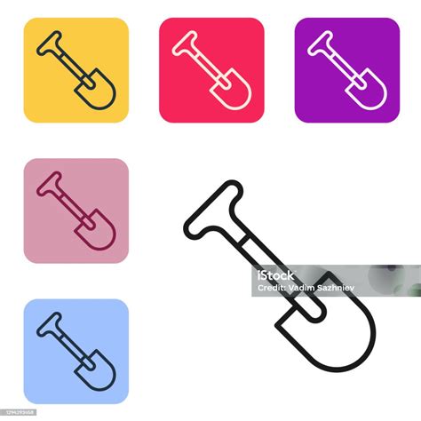 흰색 배경에 격리 된 검은 줄 삽 아이콘 원예 도구 원예 농업 농업을위한 도구 색상 정사각형 단추로 아이콘을 설정합니다 벡터 가루로 빻은에 대한 스톡 벡터 아트 및 기타