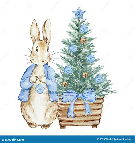 Watercolor Peter Rabbit With Decorated Christmas Tree Stock Vector