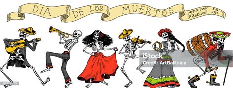 죽음의 날입니다 멕시코 국가 휴일 스페인어 디 아 드 로스 안 돼 있는 원래 비문 해골 의상 댄스 바이올린 트럼펫과 기타 재생 합니다 손으로 그린 스케치를 새겨 0명에 대한