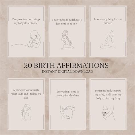 20 Positive Birth Affirmation Printable Cards Pregnancy Line Art