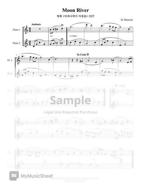 H Mancini Moon River 문리버 플루트 듀엣 Flute Duet Sheets By 바론아트